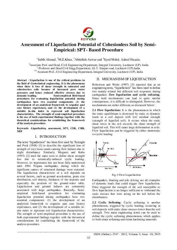 (PDF) Assessment of Liquefaction Potential of Cohesionless Soil by Semi- Empirical: SPT- Based ...