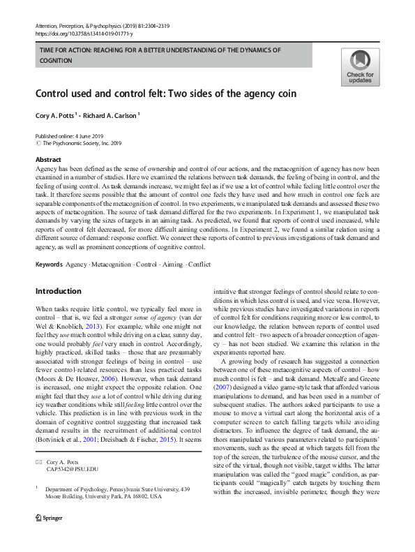 (PDF) Control used and control felt: Two sides of the agency coin