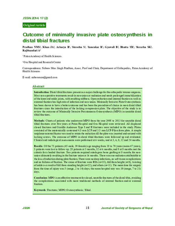 (PDF) Outcome of minimally invasive plate osteosynthesis in distal tibial fractures | mohammad ...