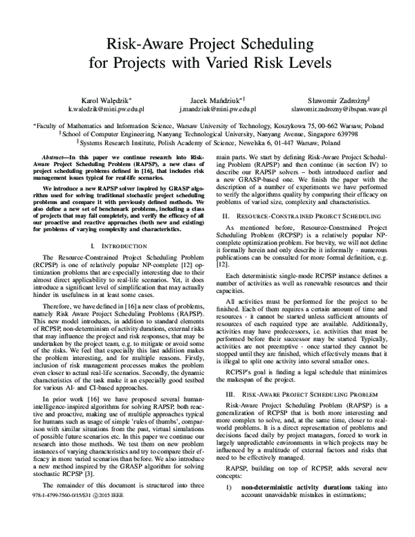 (PDF) Risk-Aware Project Scheduling for Projects with Varied Risk Levels | Sławomir Zadrożny ...