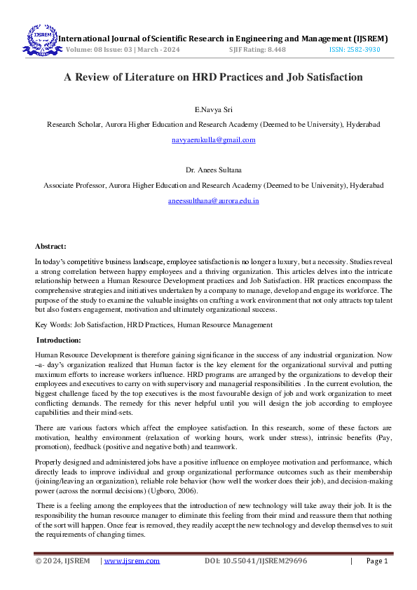 (PDF) A Review of Literature on HRD Practices and Job Satisfaction