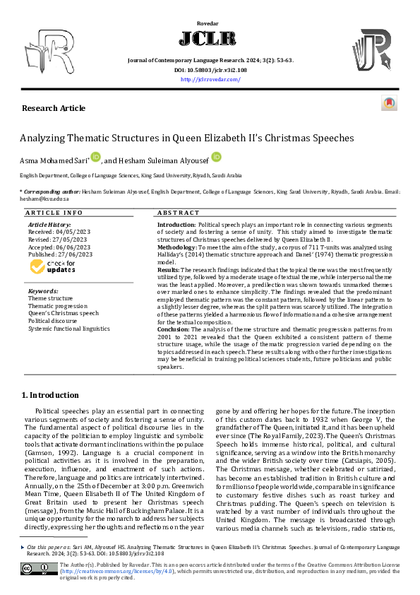 (PDF) Analyzing thematic structures in Queen Elizabeth II’s Christmas ...