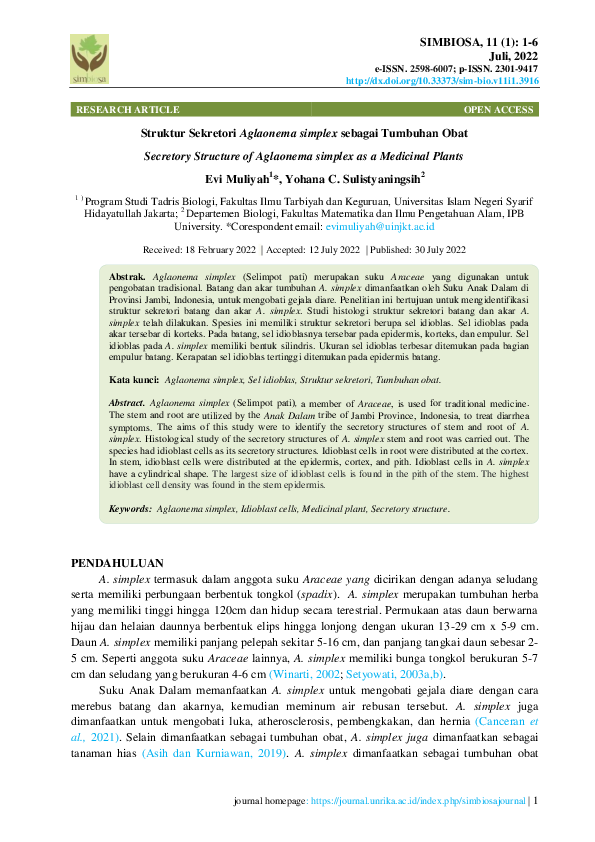 (PDF) Struktur Sekretori Aglaonema simplex sebagai Tumbuhan Obat