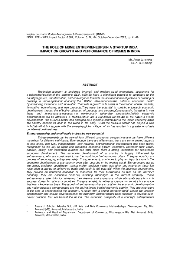 (PDF) THE ROLE OF MSME ENTREPRENEURS IN A STARTUP INDIA IMPACT ON ...