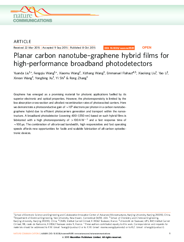 (PDF) Planar carbon nanotube–graphene hybrid films for high-performance ...