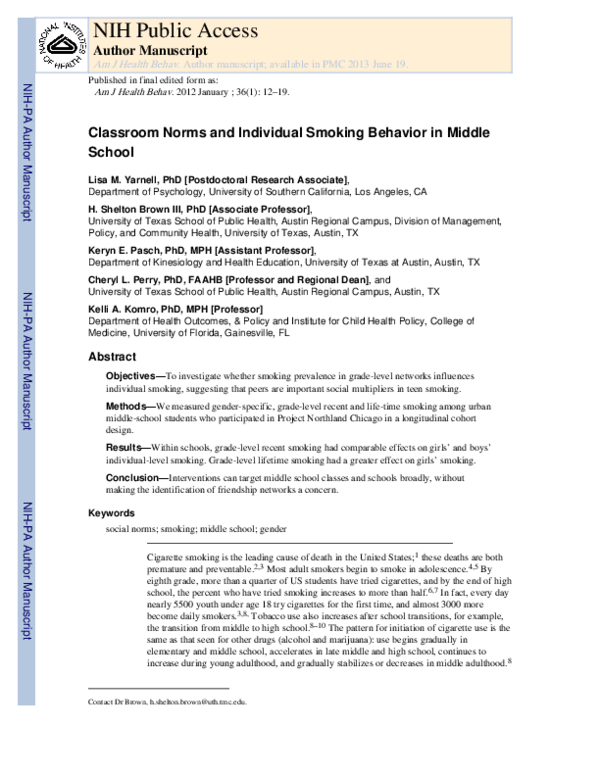 (PDF) Classroom Norms and Individual Smoking Behavior in Middle School ...