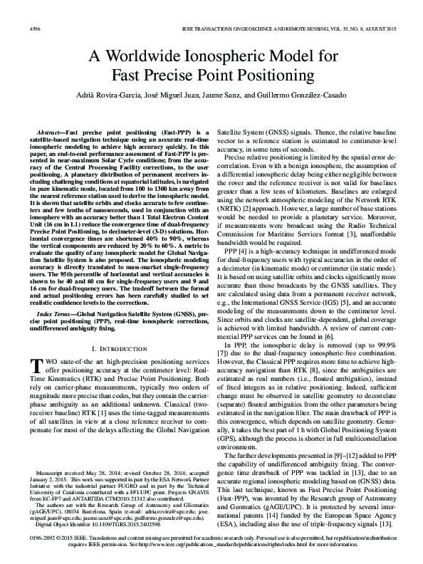 (PDF) A Worldwide Ionospheric Model for Fast Precise Point Positioning