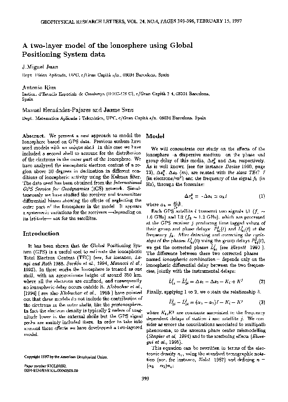 (PDF) A two-layer model of the ionosphere using Global Positioning System data