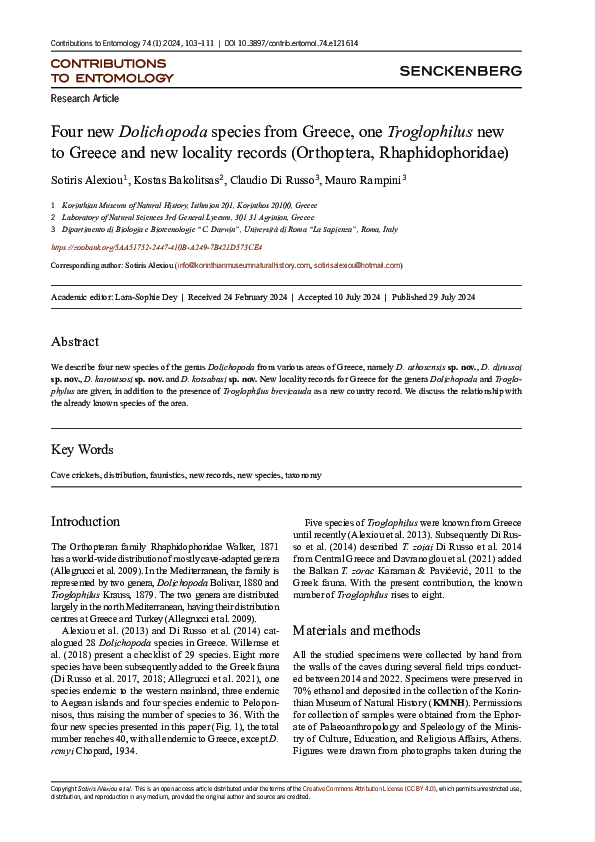 (PDF) Four new Dolichopoda species from Greece, one Troglophilus new to ...