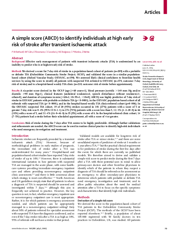 (PDF) ABCD Risk Score for Early Stroke Post-TIA