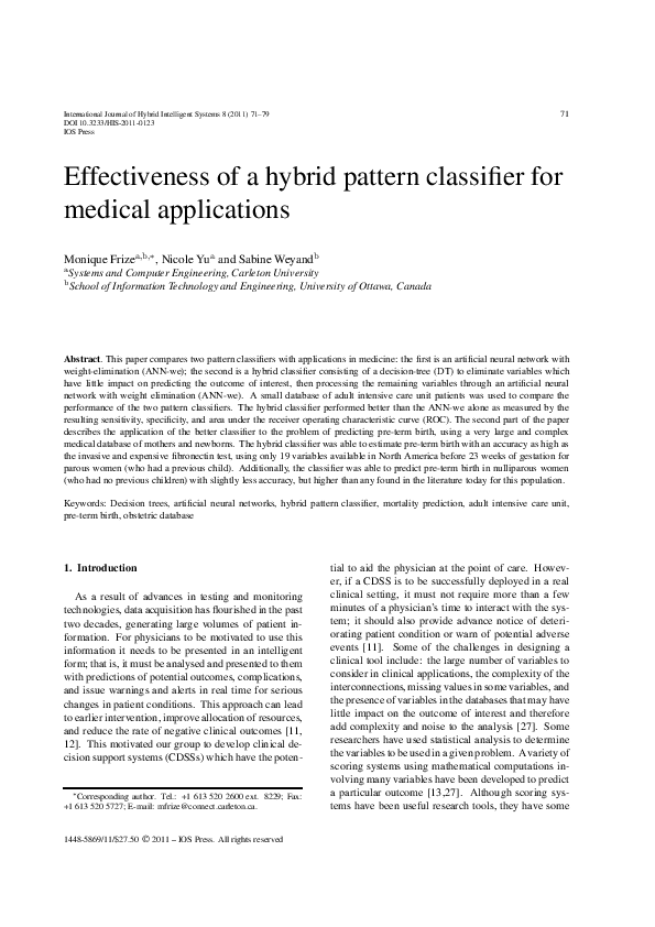 (PDF) Effectiveness of a hybrid pattern classifier for medical applications