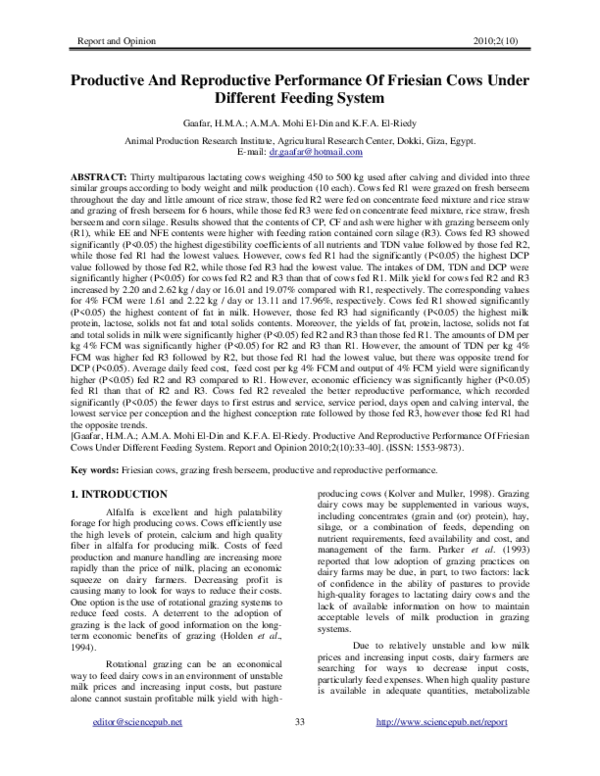 (PDF) Productive And Reproductive Performance Of Friesian Cows Under Different Feeding System