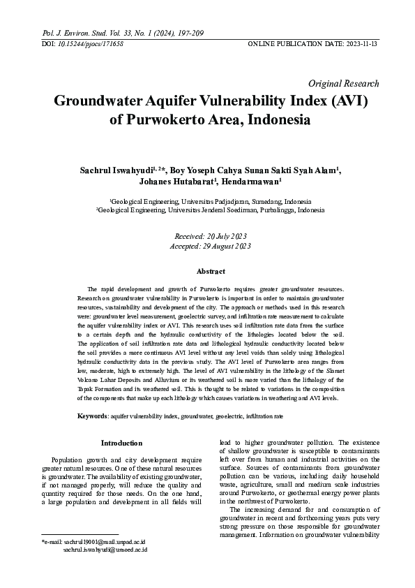 (PDF) Groundwater Aquifer Vulnerability Index (AVI) of Purwokerto Area, Indonesia