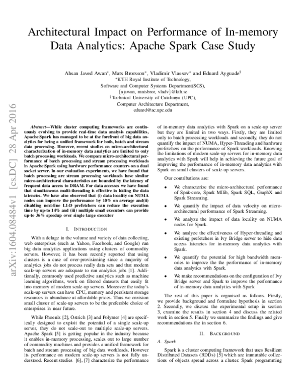 (PDF) Architectural Impact on Performance of In-memory Data Analytics: Apache Spark Case Study