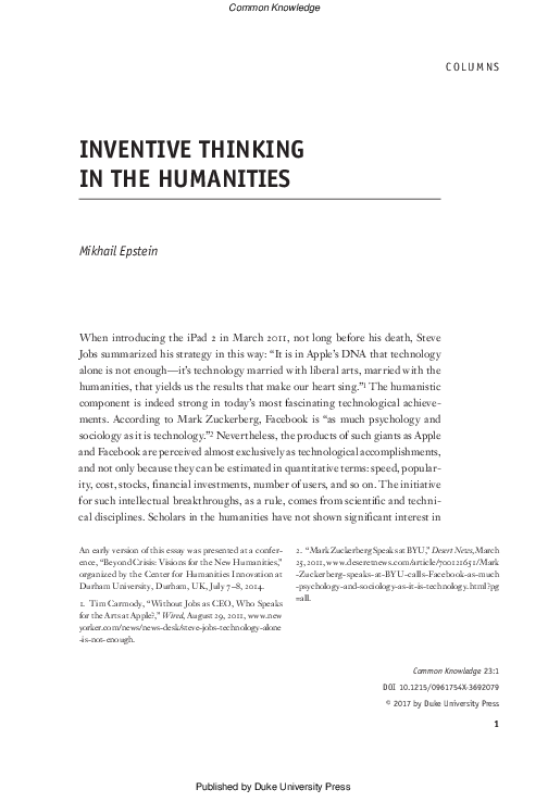 (PDF) Inventive Thinking in the Humanities