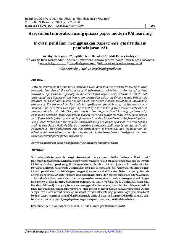 (PDF) Assessment innovation using quizizz paper mode in PAI learning