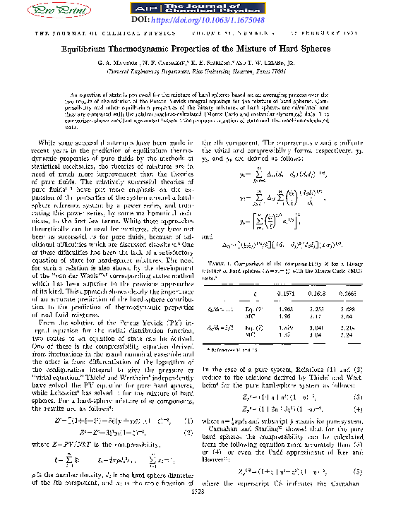 (PDF) Equilibrium Thermodynamic Properties of the Mixture of Hard Spheres