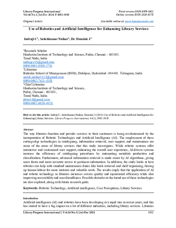 (PDF) Use of Robotics and Artificial Intelligence for Enhancing Library ...