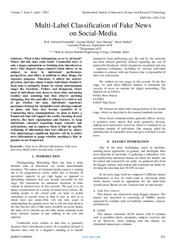(PDF) Multi-Label Classification of Fake News on Social-Media
