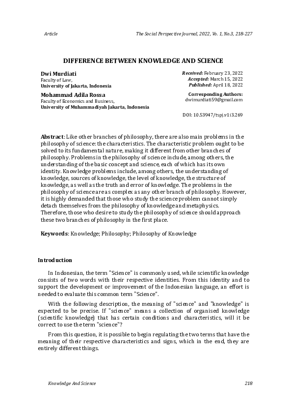 (PDF) Difference Between Knowledge and Science