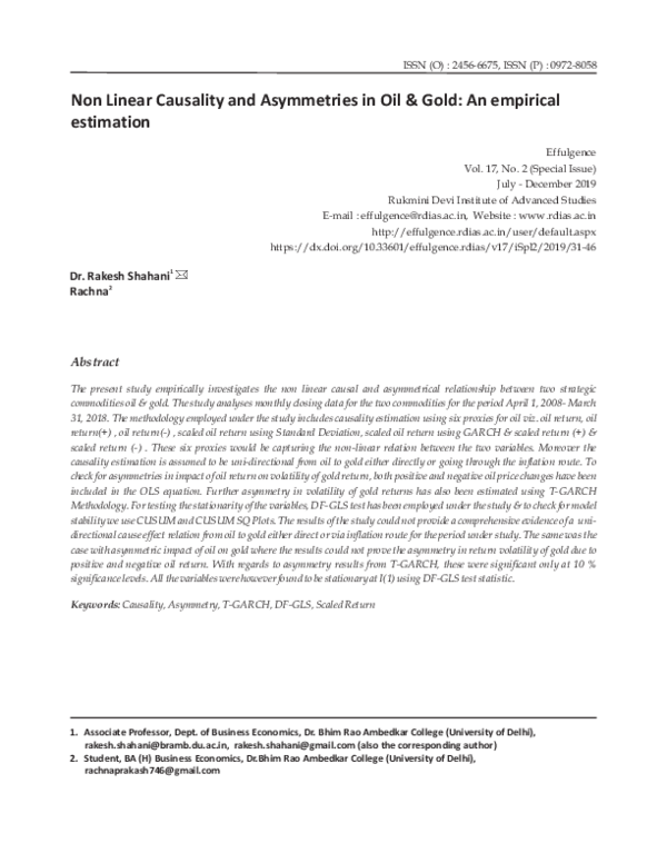 (PDF) Non Linear Causality and Asymmetries in Oil & Gold: An empirical ...