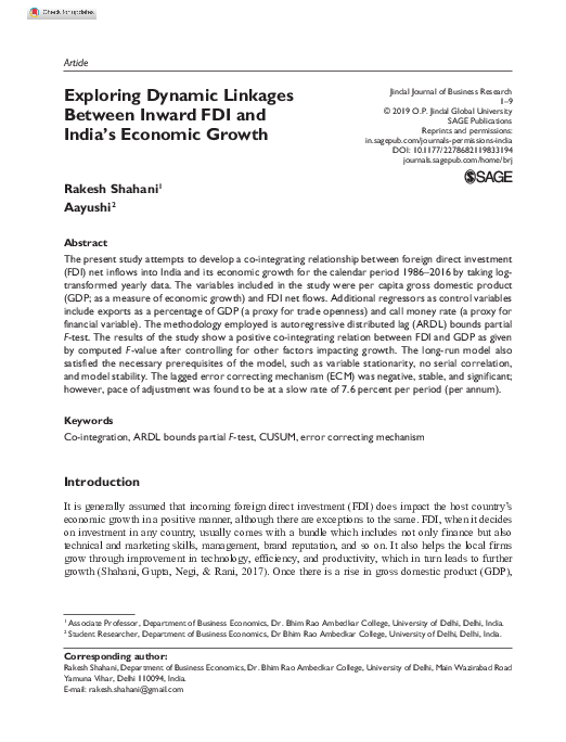 (PDF) Exploring Dynamic Linkages Between Inward FDI and India’s Economic Growth | Rakesh Shahani ...