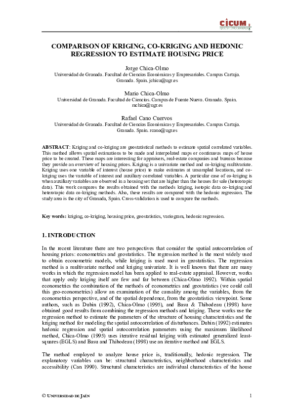 (PDF) Comparison of kriging, co-kriging and hedonic regression to estimate housing price