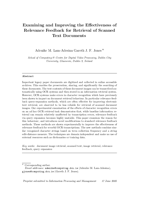 (PDF) Examining and improving the effectiveness of relevance feedback for retrieval of scanned ...