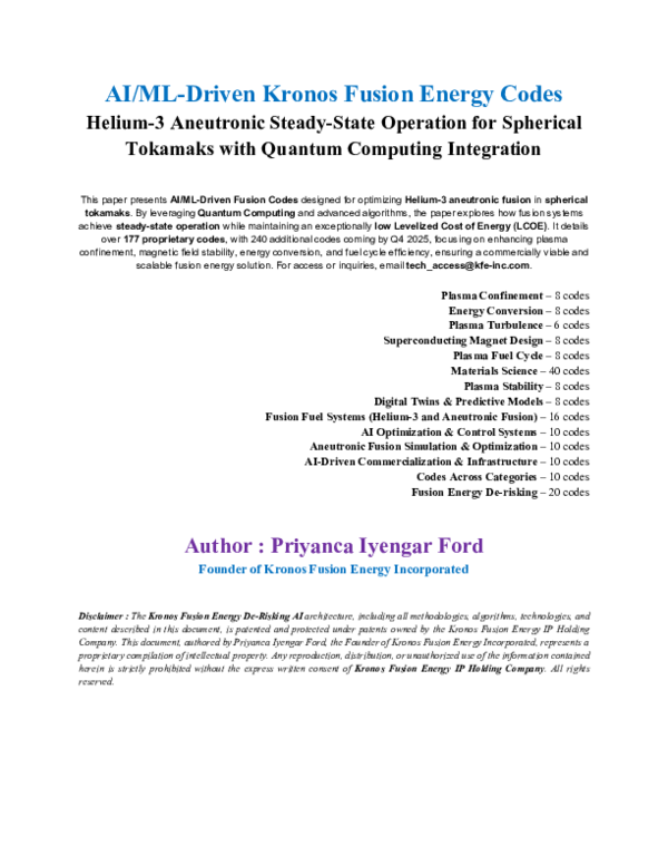 (PDF) AI/ML-Driven Kronos Fusion Energy Codes Helium-3 Aneutronic Steady-State Operation for ...