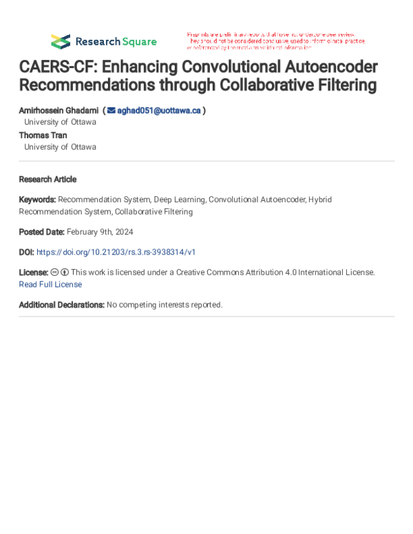 (PDF) CAERS-CF: Enhancing Convolutional Autoencoder Recommendations through Collaborative Filtering