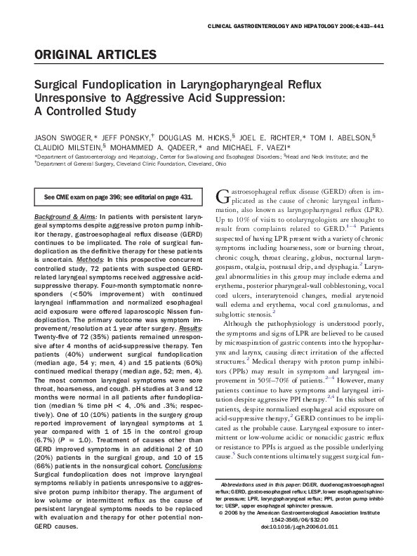(PDF) Surgical Fundoplication in Laryngopharyngeal Reflux Unresponsive ...