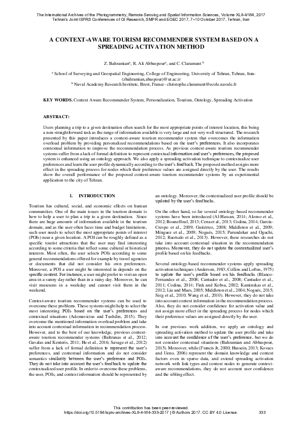 Pdf A Context Aware Tourism Recommender System Based On A Spreading Activation Method