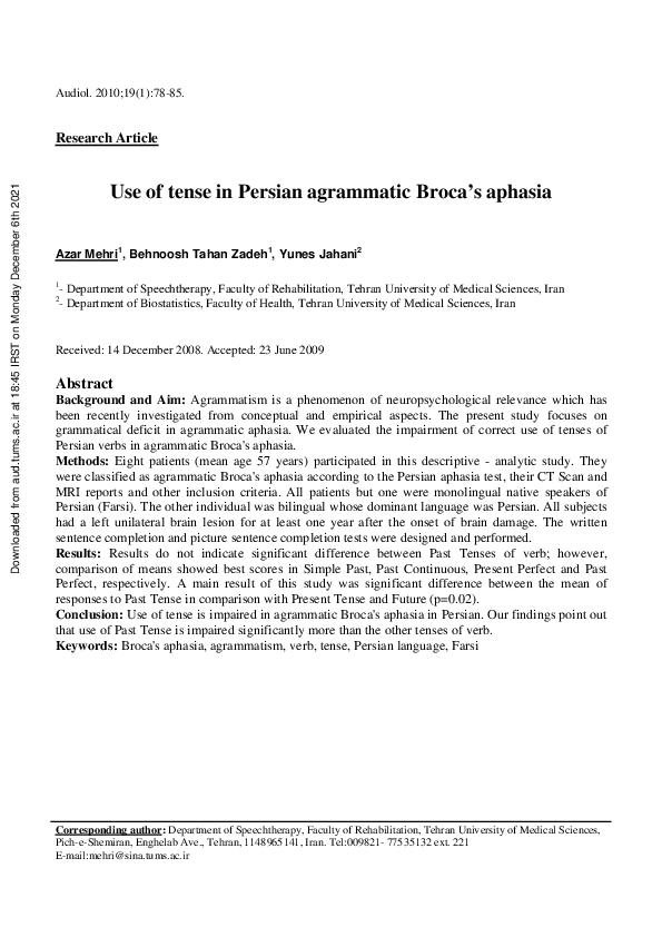 (PDF) Use of tense in Persian agrammatic Broca’s aphasia