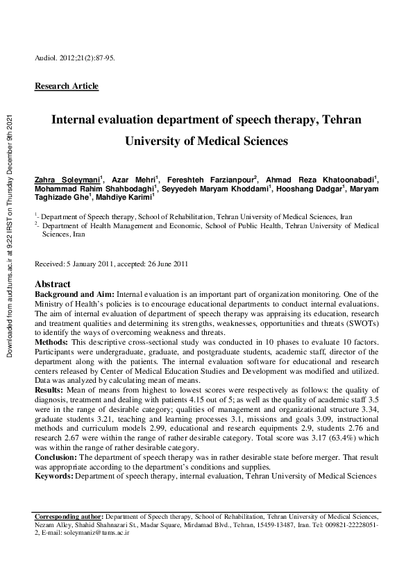 (PDF) Internal evaluation department of speech therapy, Tehran ...