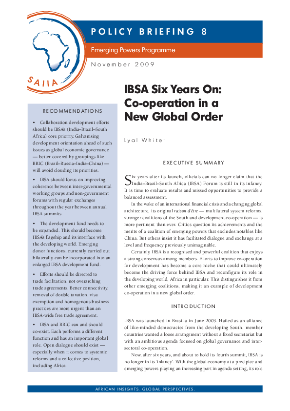 (PDF) IBSA Six Years On: Co-operation in a New Global Order