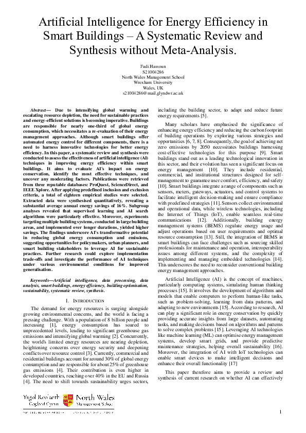 (PDF) Artificial Intelligence for Energy Efficiency in Smart Buildings -A Systematic Review and ...