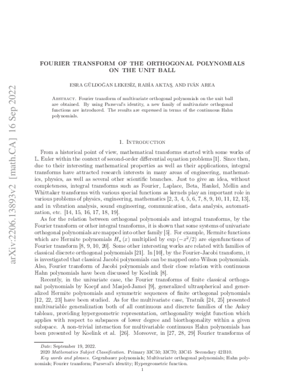 (PDF) Fourier transform of the orthogonal polynomials on the unit ball
