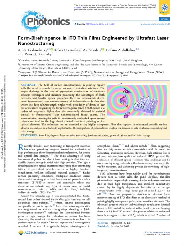 (PDF) Form-Birefringence in ITO Thin Films Engineered by Ultrafast Laser Nanostructuring