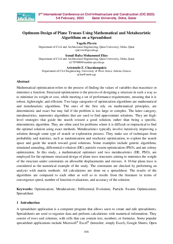 Pdf Optimum Design Of Plane Trusses Using Mathematical And Metaheuristic Algorithms On A