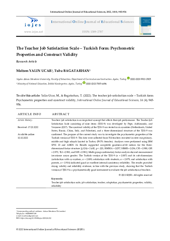 (PDF) The Teacher Job Satisfaction Scale – Turkish Form: Psychometric ...