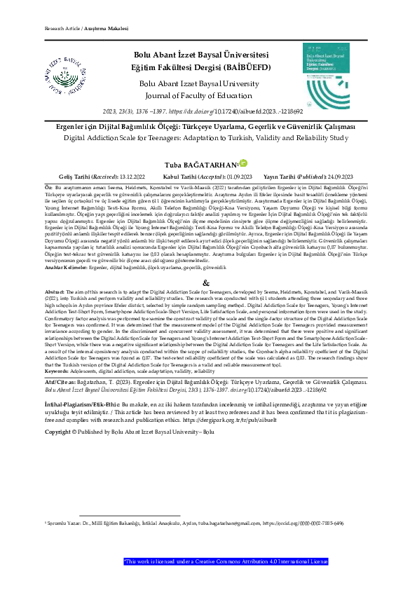 (PDF) Digital Addiction Scale for Teenagers: Adaptation to Turkish ...