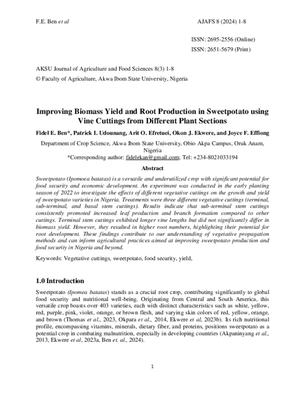 (PDF) Improving Biomass Yield and Root Production in Sweetpotato using Vine Cuttings from ...