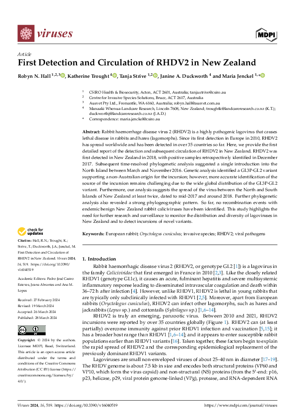 (PDF) First Detection and Circulation of RHDV2 in New Zealand