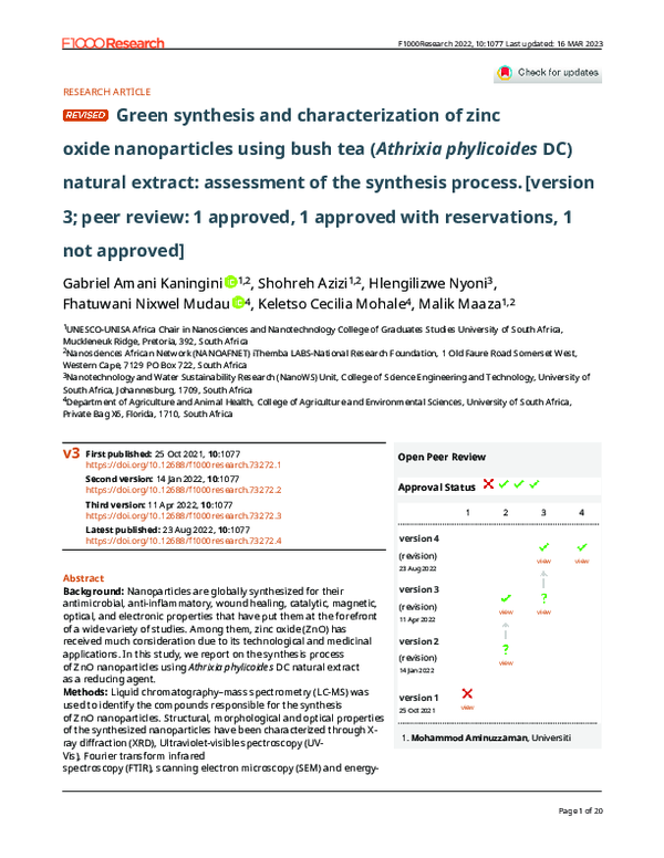 (PDF) Green synthesis and characterization of zinc oxide nanoparticles using bush tea (Athrixia ...