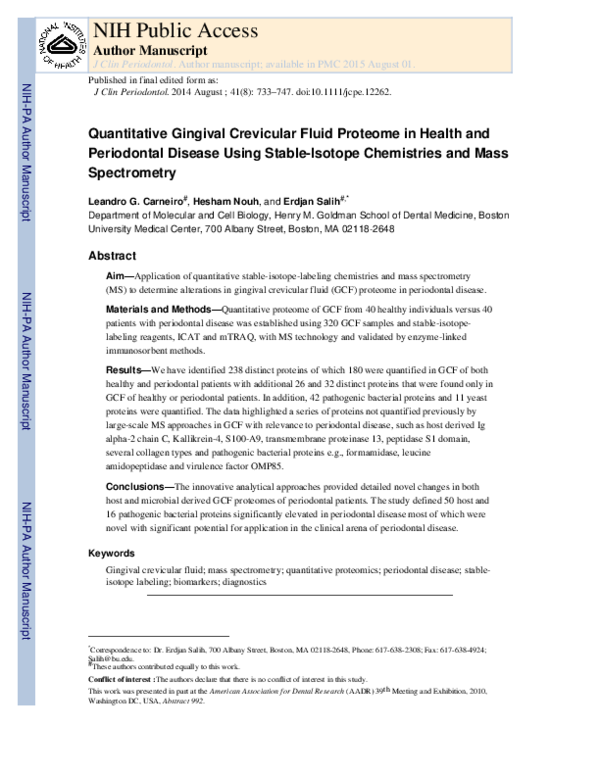 (PDF) Quantitative gingival crevicular fluid proteome in health and ...