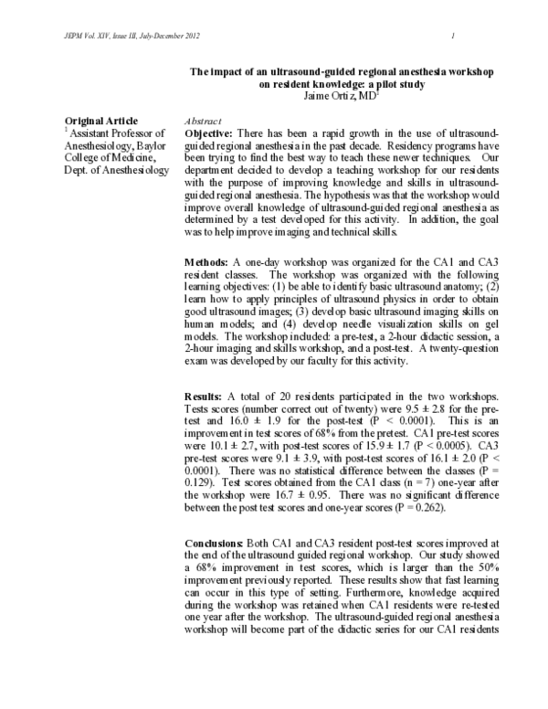 (PDF) The impact of an ultrasound-guided regional anesthesia workshop on resident knowledge: a ...