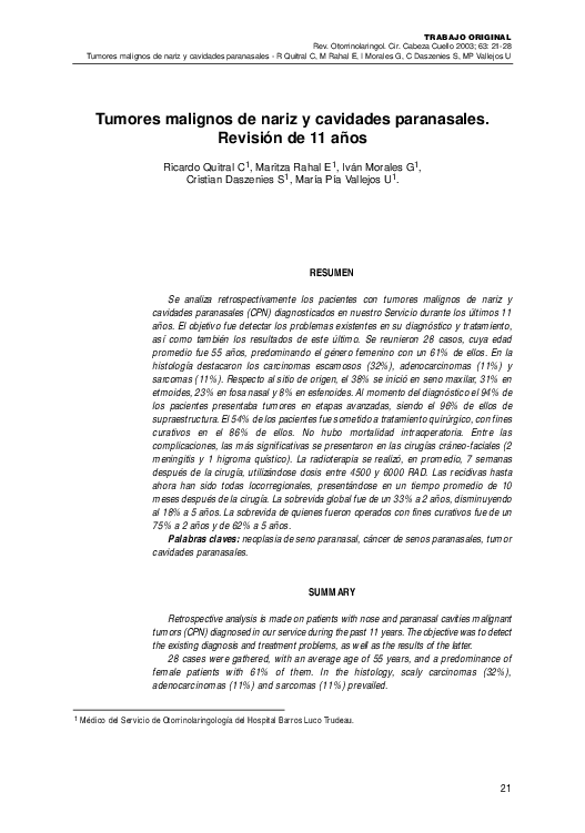 (PDF) Tumores malignos de nariz y cavidades paranasales: revisión de 11 años; Malignant tumors ...