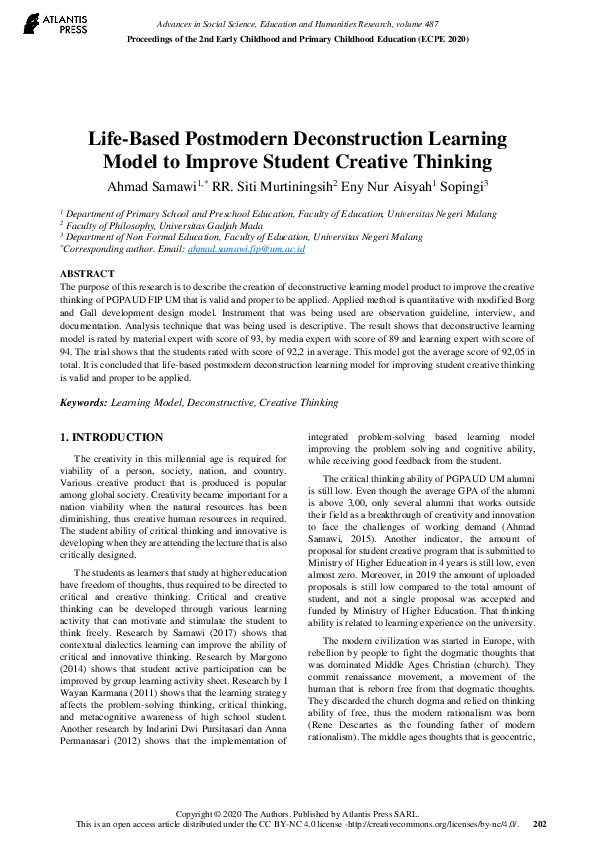 (PDF) Life-Based Postmodern Deconstruction Learning Model to Improve Student Creative Thinking ...