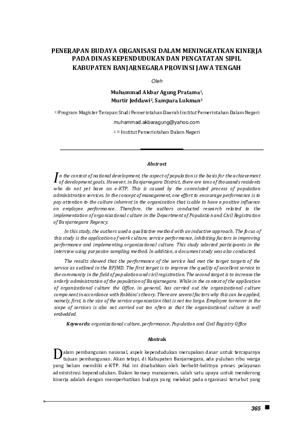 (PDF) Penerapan Budaya Organisasi Dalam Meningkatkan Kinerja Pada Dinas Kependudukan Dan ...