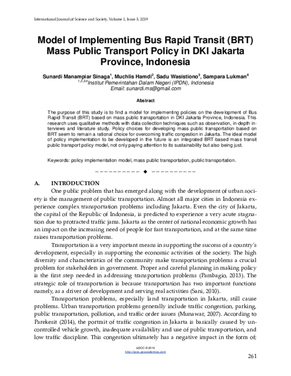 (PDF) Model of Implementing Bus Rapid Transit (BRT) Mass Public Transport Policy in DKI Jakarta ...
